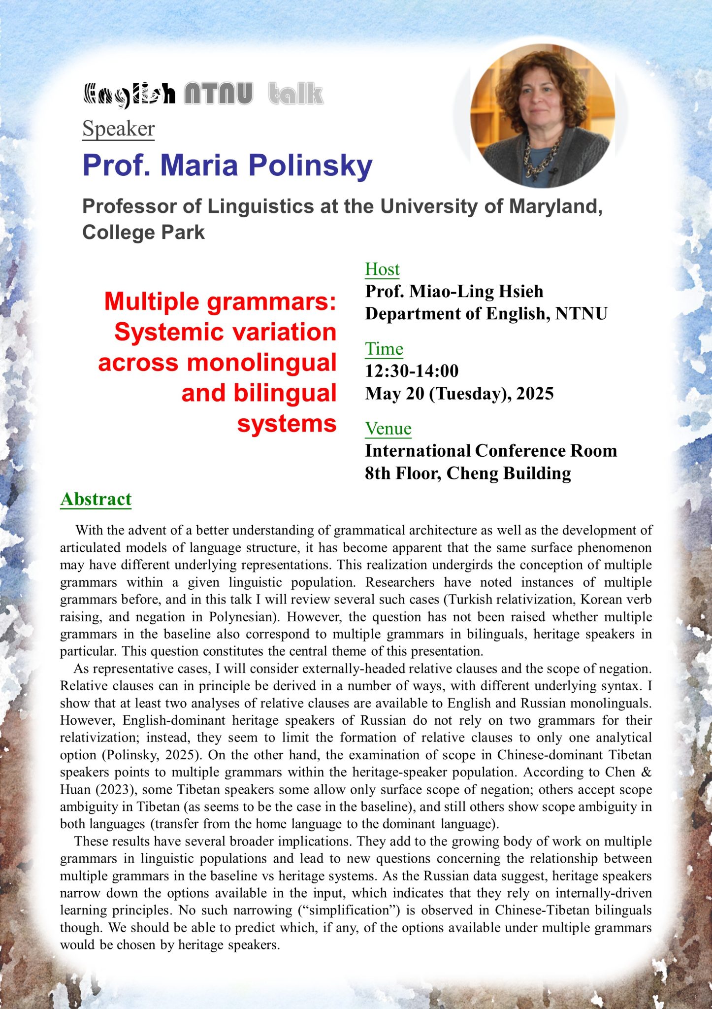 【113-2 Linguistics Track】 Lecture: May 20, Prof. Maria Polinsky